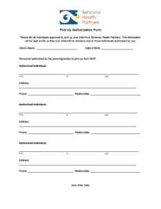 Pick Up Authorization Form - Behavior Health Partners